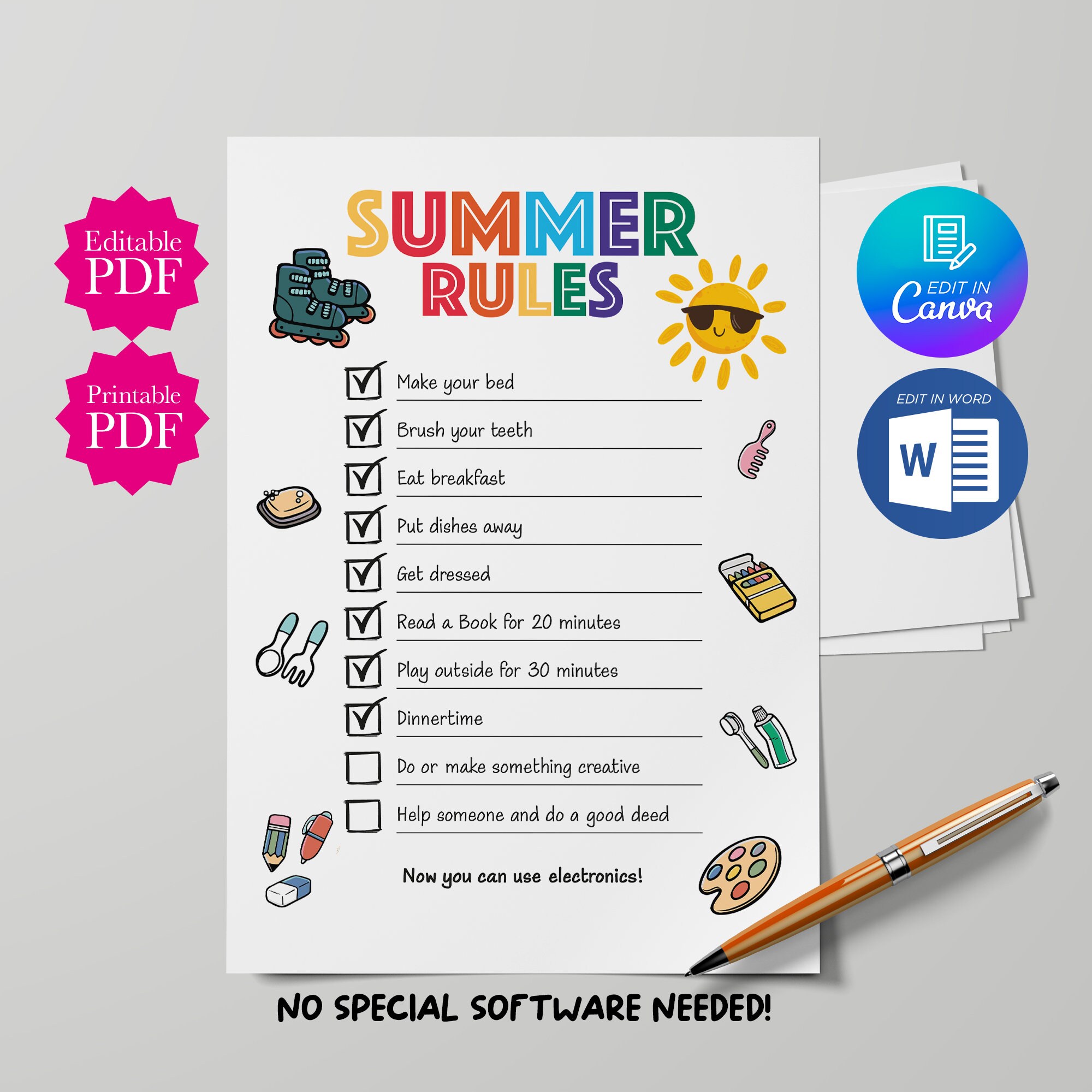 Summer Rules for Kids, Chart for Kids Editable, Summer Rules Editable ...