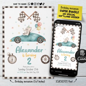 Editable Birthday Invitation for Kids, Car Driver Elephant Printable ...