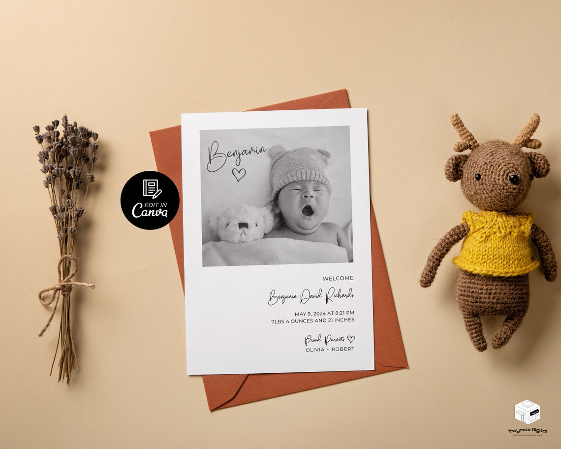 Printable Photo Birth Card, Birth Stats Card, Hello Baby Birth ...