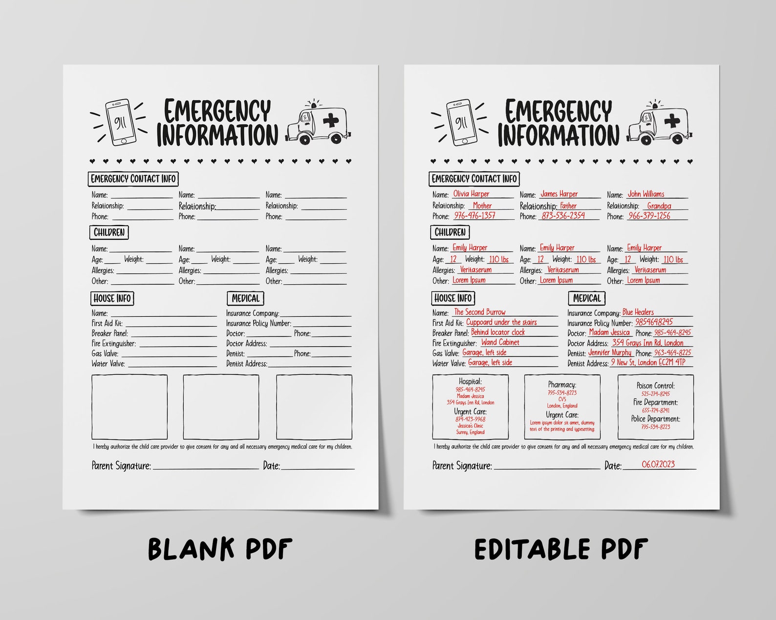Emergency Contact Information, Contact Sheet, Babysitter Info Sheet ...