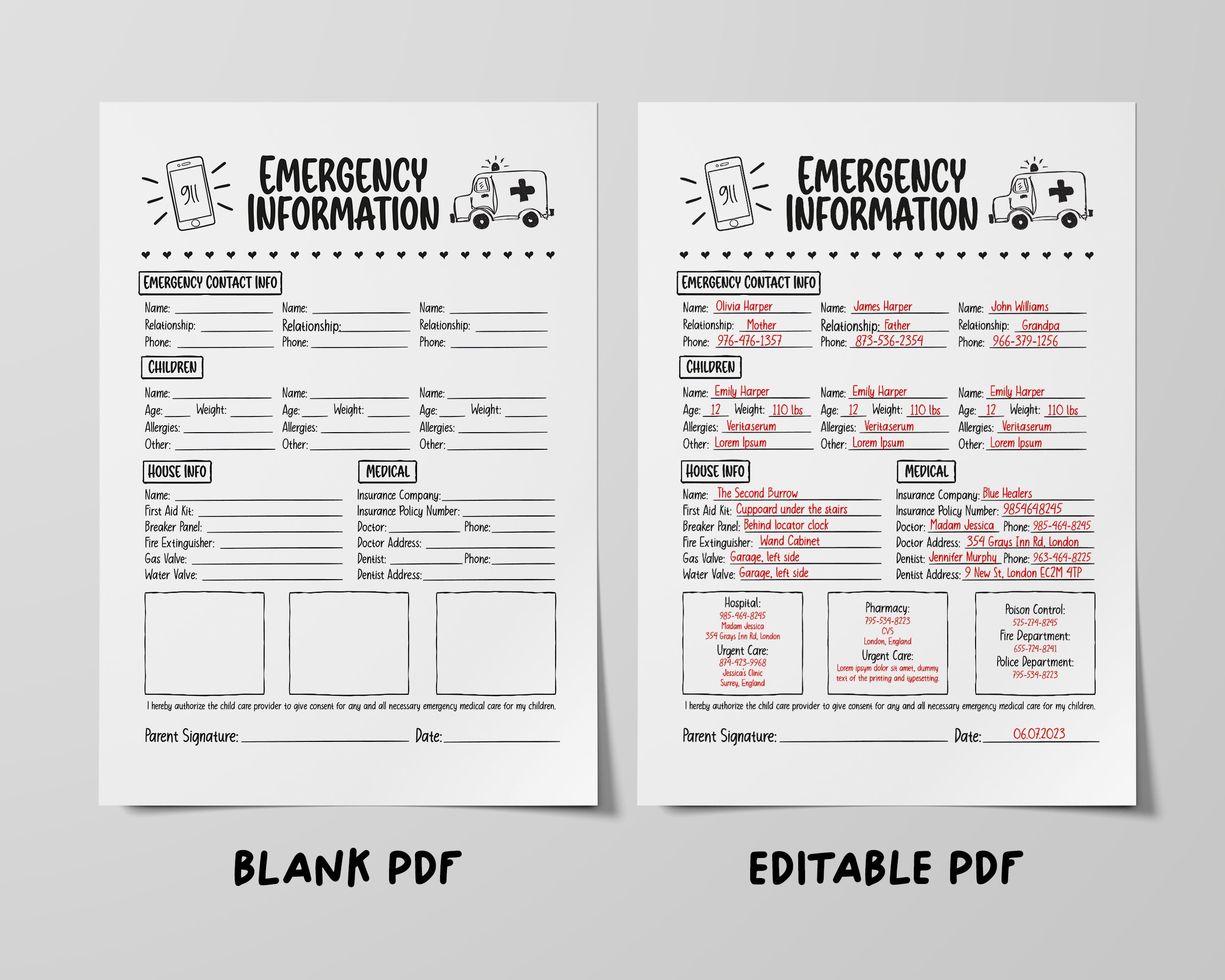 Emergency Contact Information, Contact Sheet, Babysitter Info Sheet ...