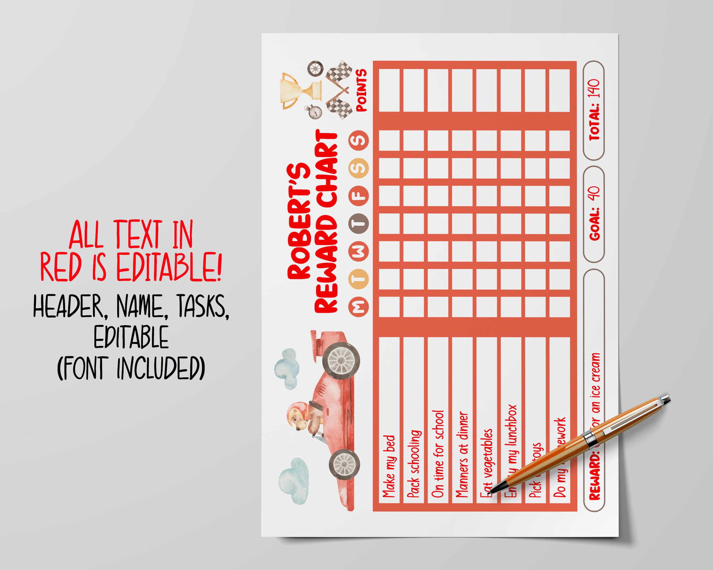 Editable Race Car Reward Chart Printable Chore Chart for - Etsy