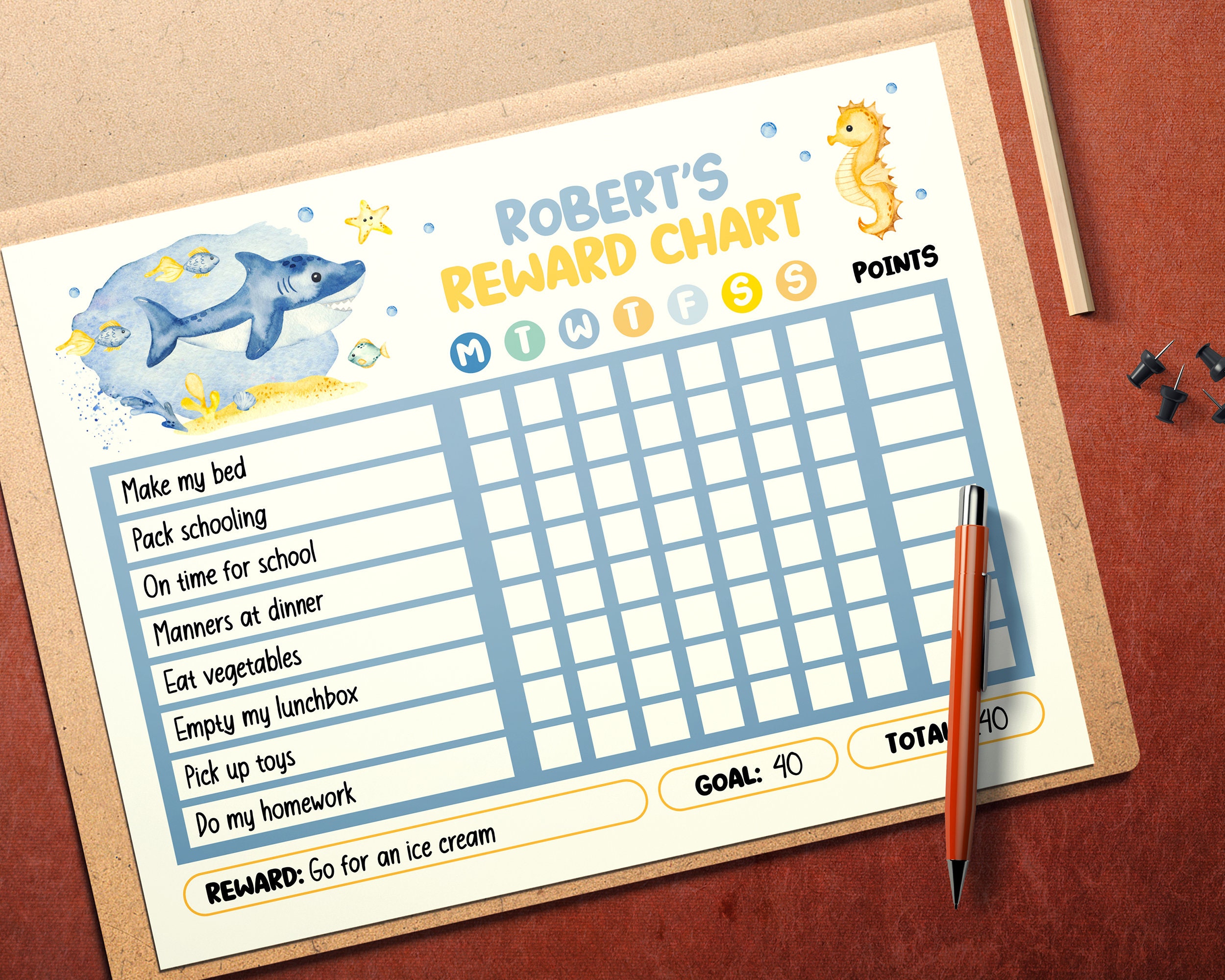 Editable Shark Reward Chart, Printable Chore Chart for Kids, Good ...
