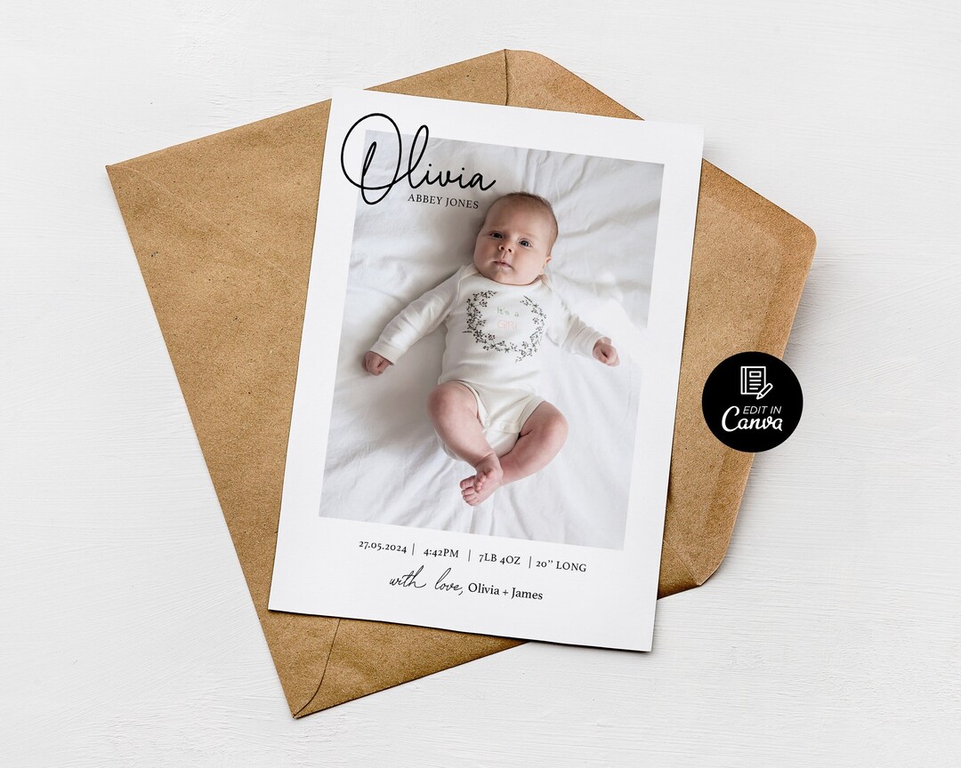 Editable Photo Birth Card Canva Template, Printable Birth Stats Card ...