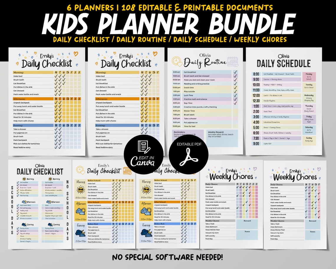 Daily Checklist for Kids, Daily Routine Editable, Weekly Chores ...