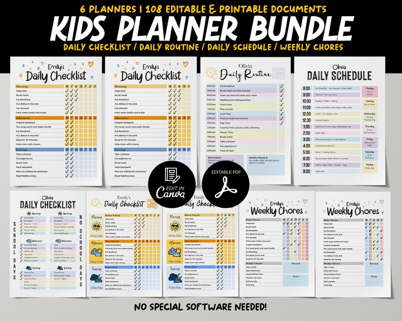 Daily Checklist for Kids, Daily Routine Editable, Weekly Chores ...