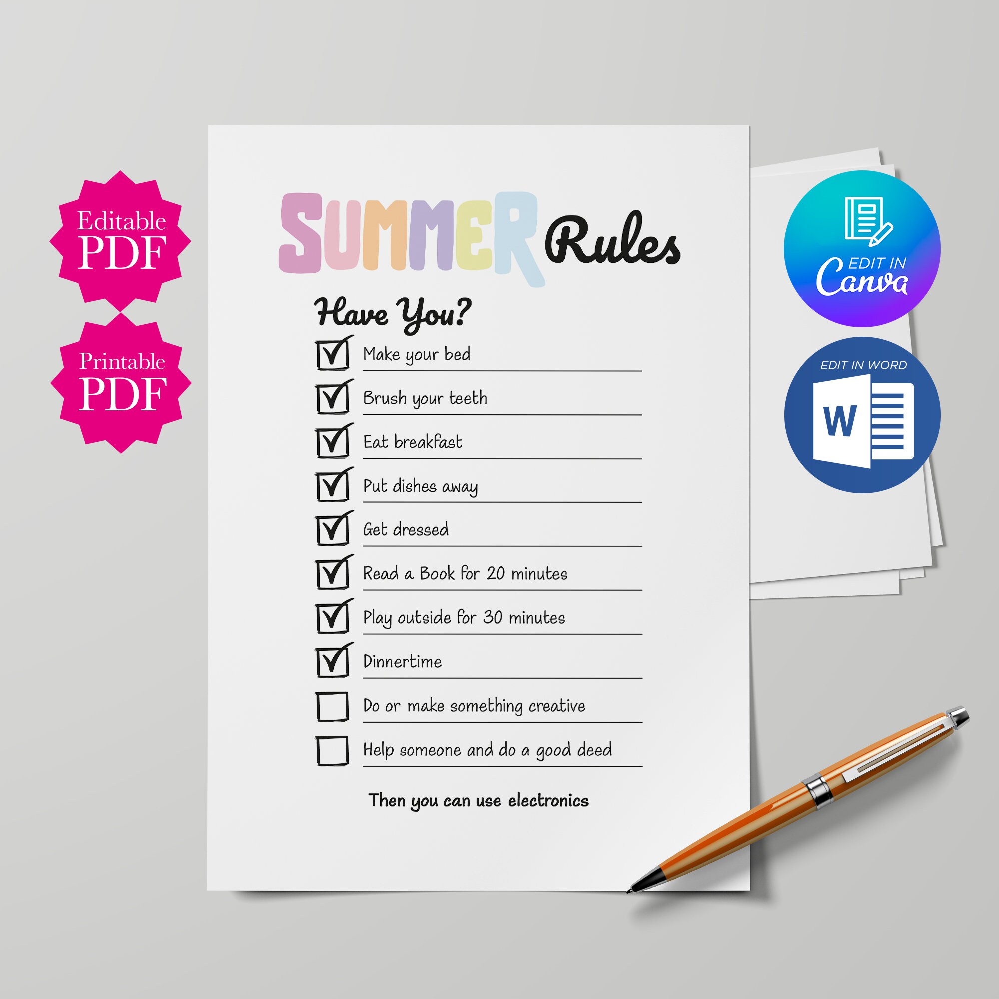 Behavior Chart for Kids, Pack Lunch Editable, Summer Rules Printable ...