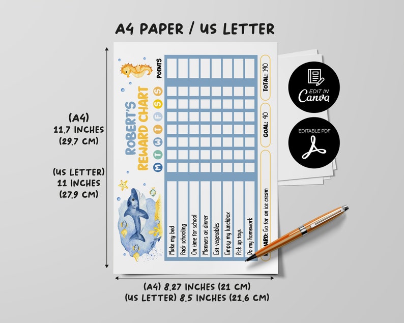 Editable Shark Reward Chart Printable Chore Chart for Kids - Etsy UK