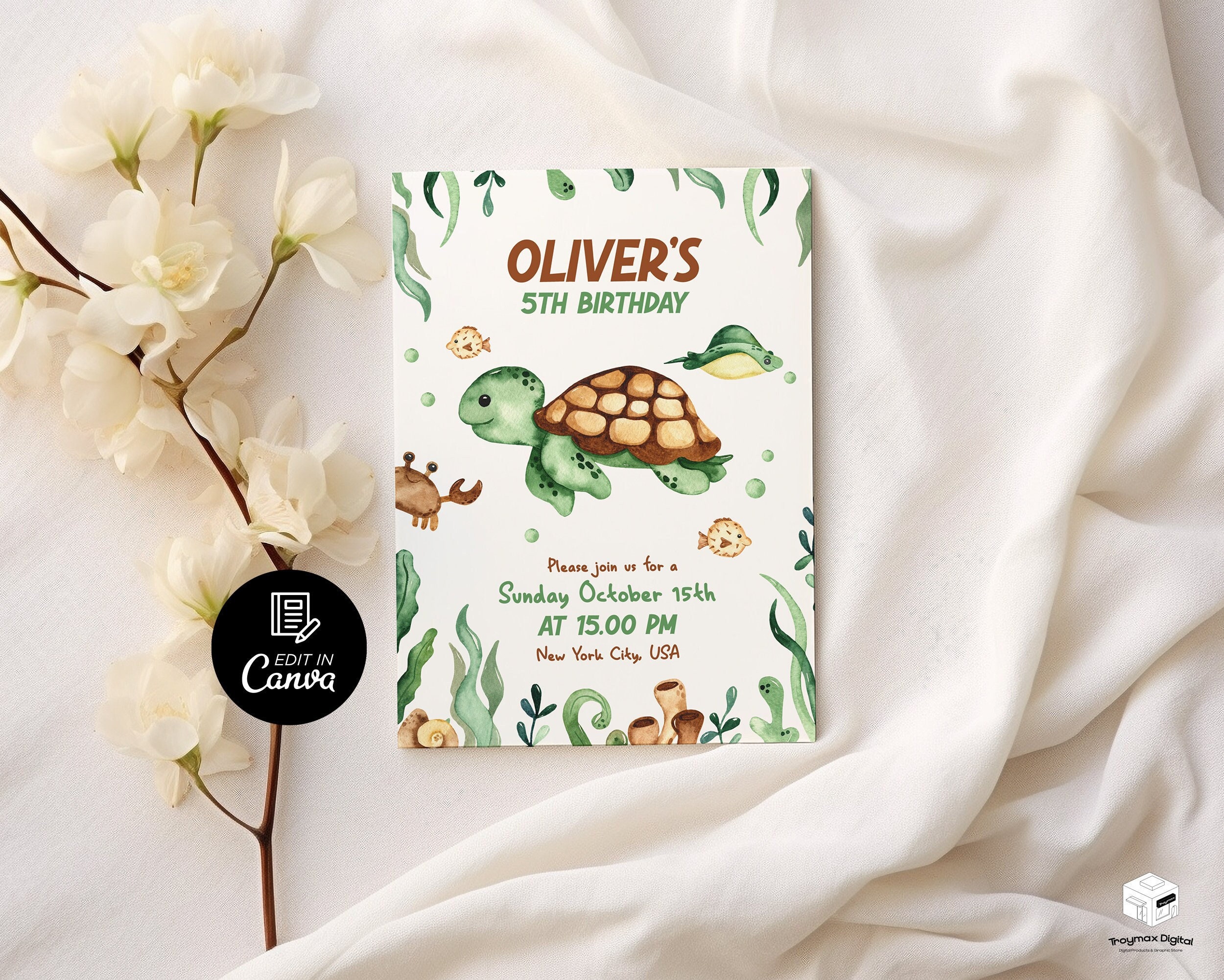 Printable Little Turtle and Underwater Animal Birthday Party Invitation ...