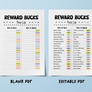 Editable Kids Reward Bucks Chart, Editable Kids Reward Bucks Earn Money ...