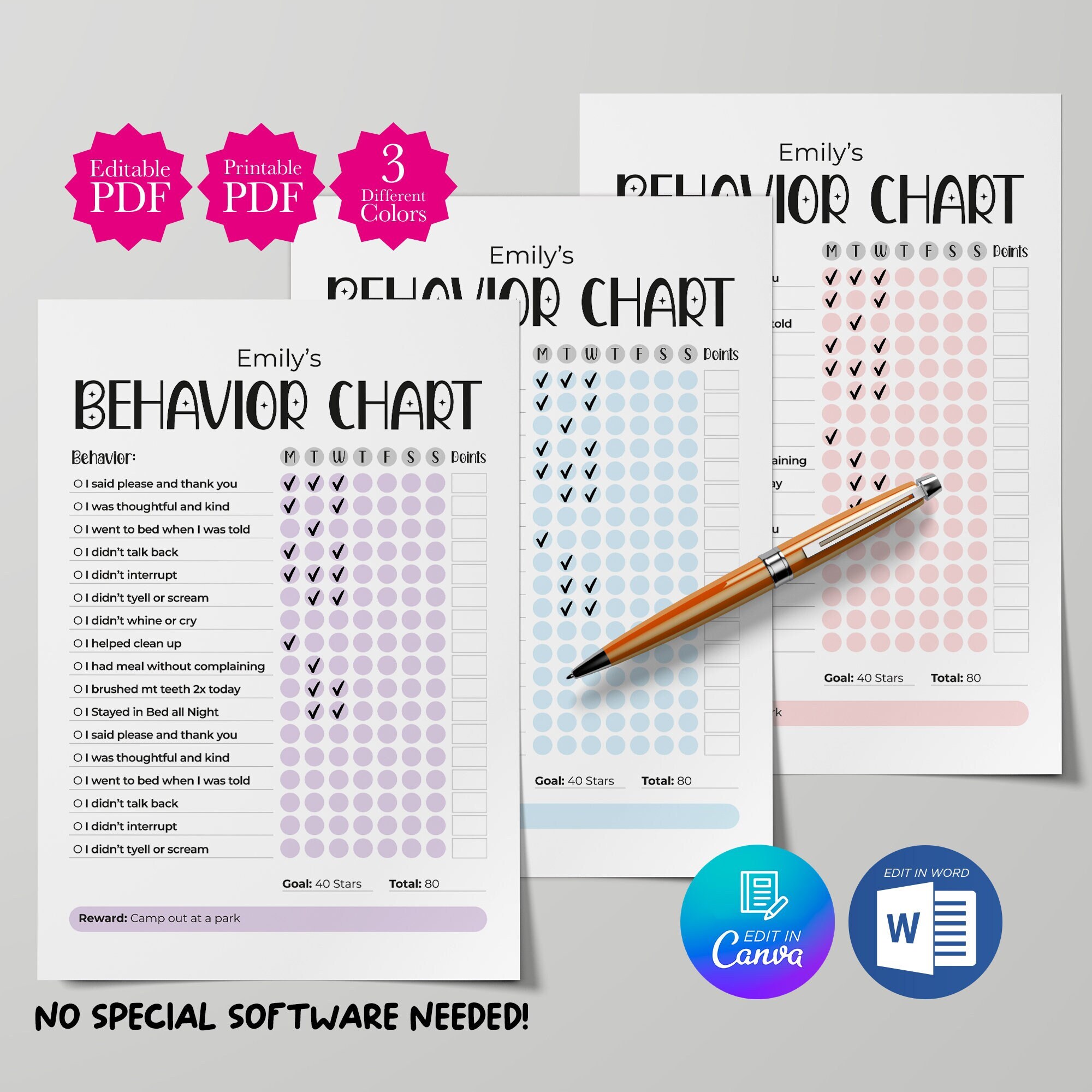 Editable Behavior Reward Chart for Kids, Good Behavior Tracking ...