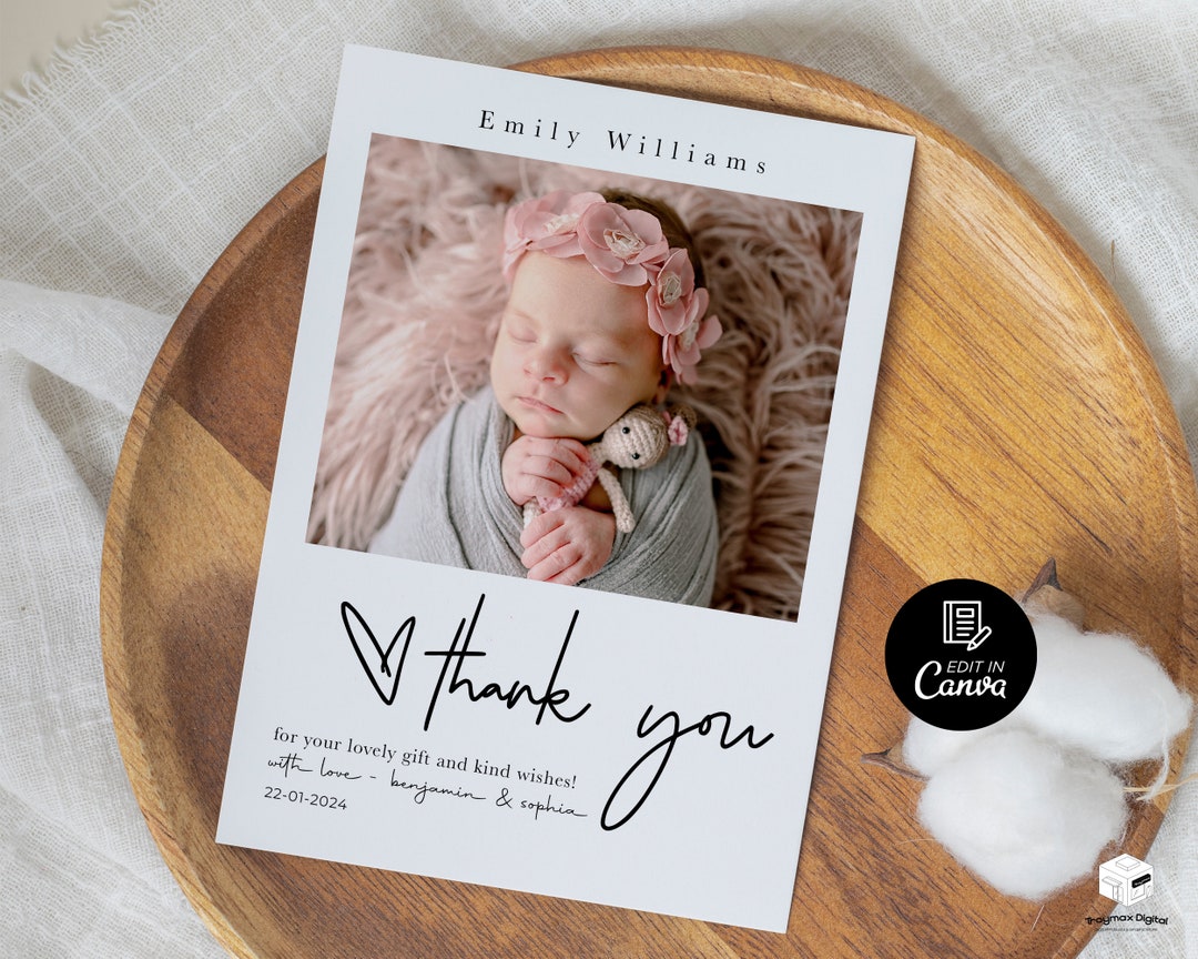 Newborn Thank You Card, Photo Thank You Card for Newborn Baby With Name ...