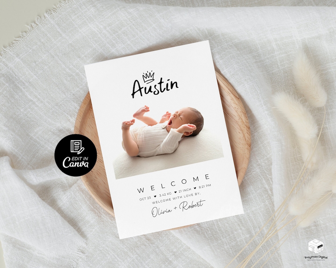 Editable Photo Birth Announcement Template, Printable Birth Stats Card ...