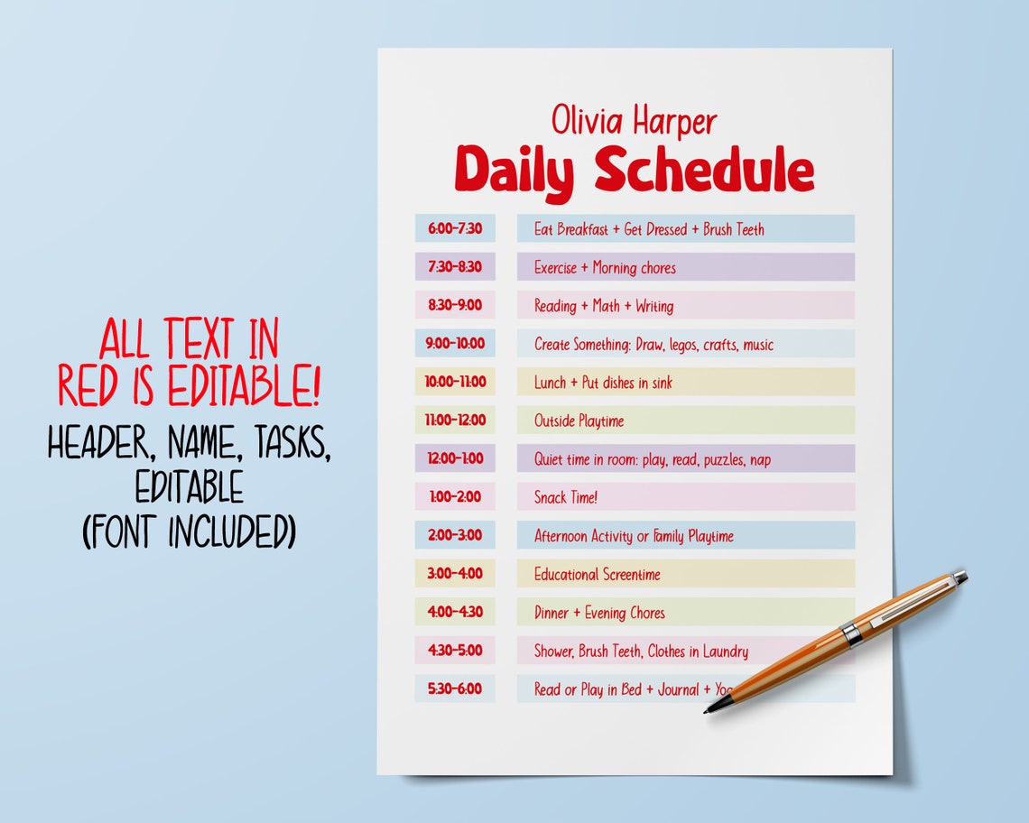 Editable Daily Schedule for Kids, Printable Daily Planner for Kids ...