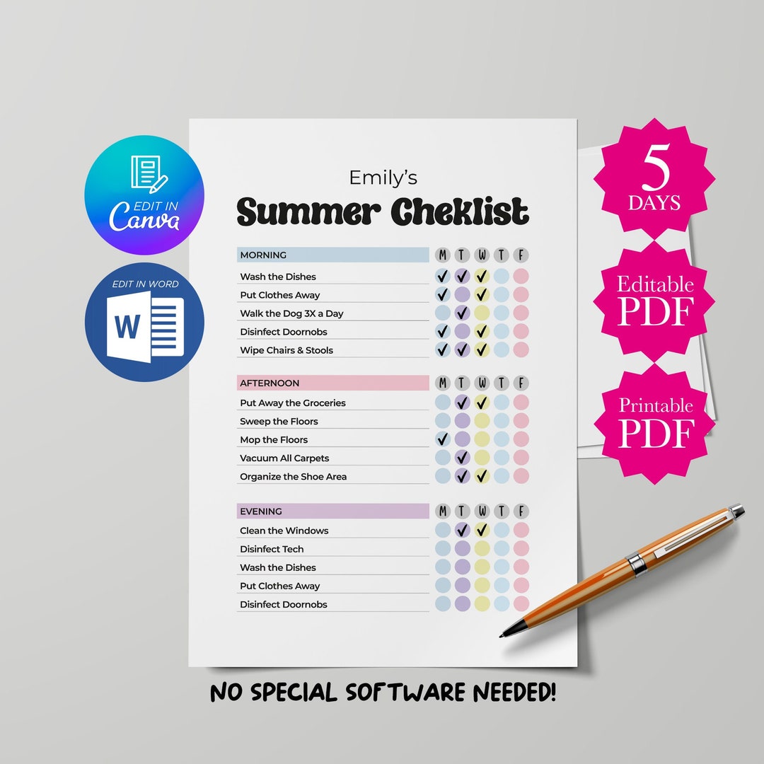 Summer Checklist for Kids Chart for Kids Editable Summer - Etsy