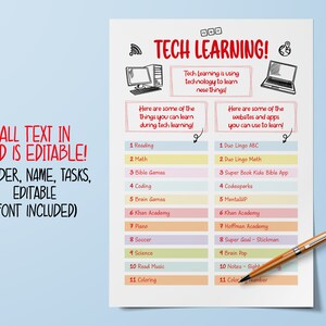 Tech Learning Planner, Educational Screen Time Ideas Chart for Kids ...