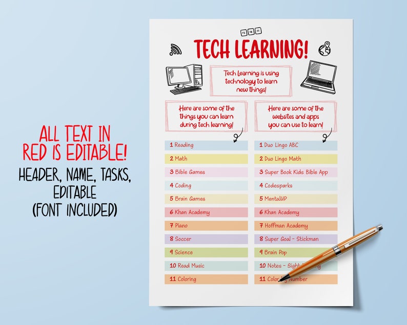 Tech Learning Planner, Educational Screen Time Ideas Chart for Kids ...