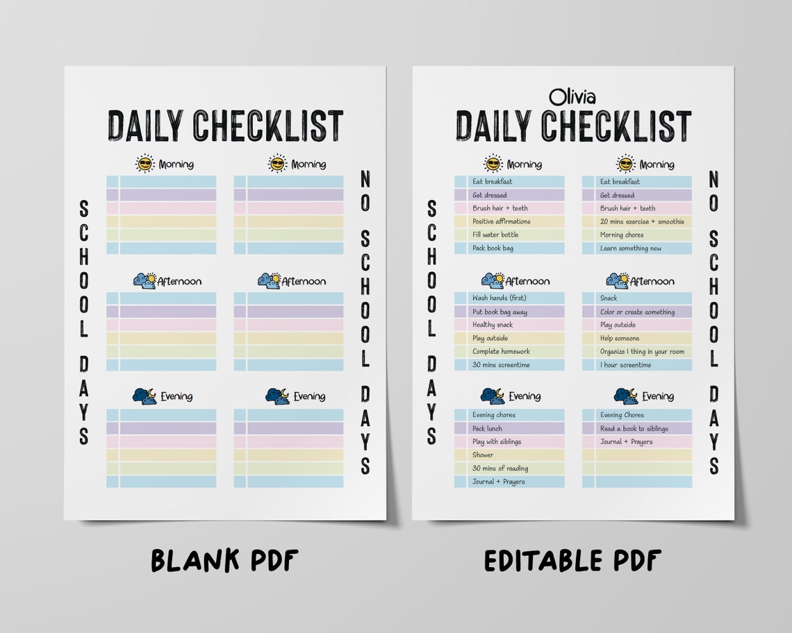 Editable Daily Checklist for Kids, Kids Responsibility Chart, Before ...