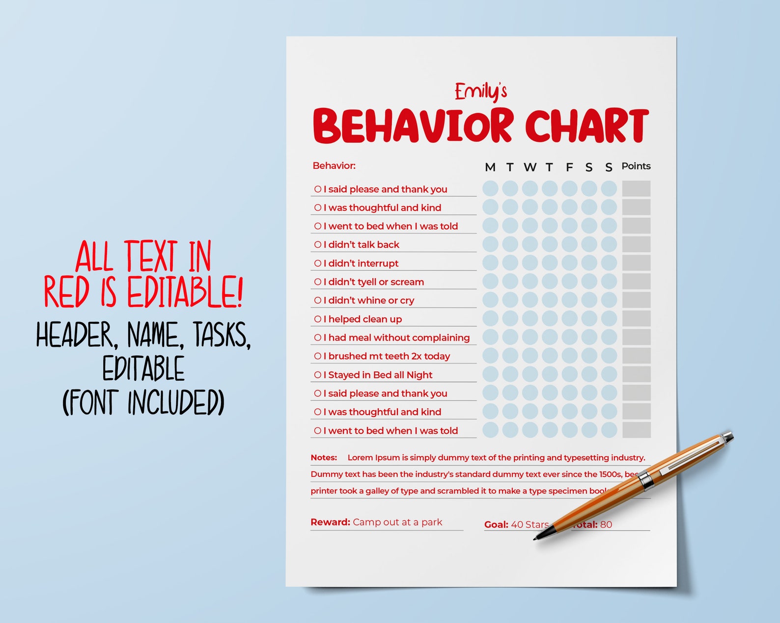 Daily Checklist for Kids, Editable Behavior Reward Chart for Kids ...