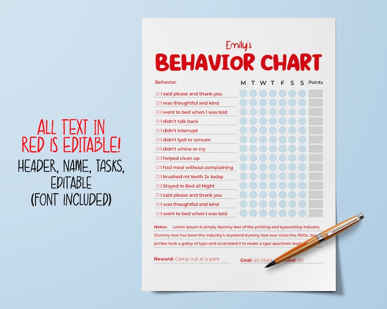 Daily Checklist for Kids, Editable Behavior Reward Chart for Kids ...