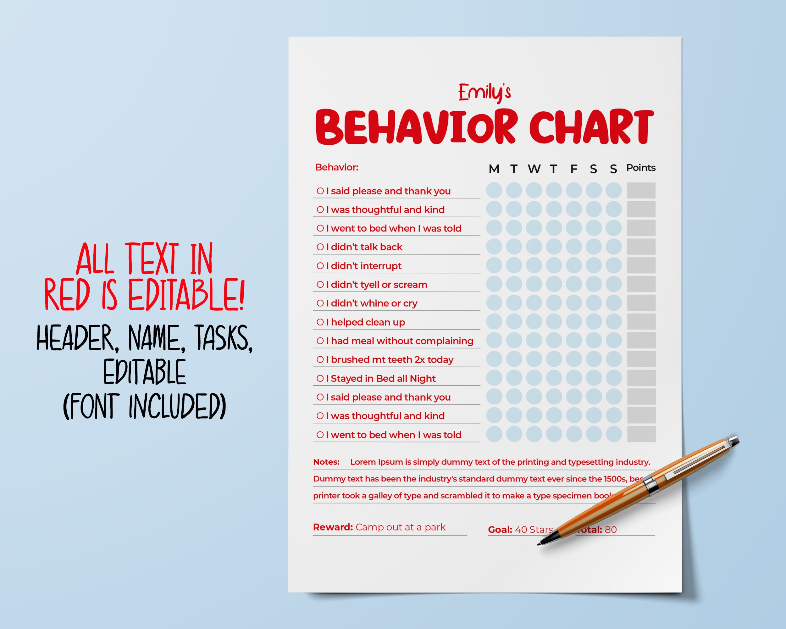 Daily Checklist for Kids, Editable Behavior Reward Chart for Kids ...