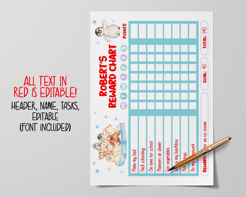 Editable Arctic Animals Reward Chart Printable Chore Chart - Etsy