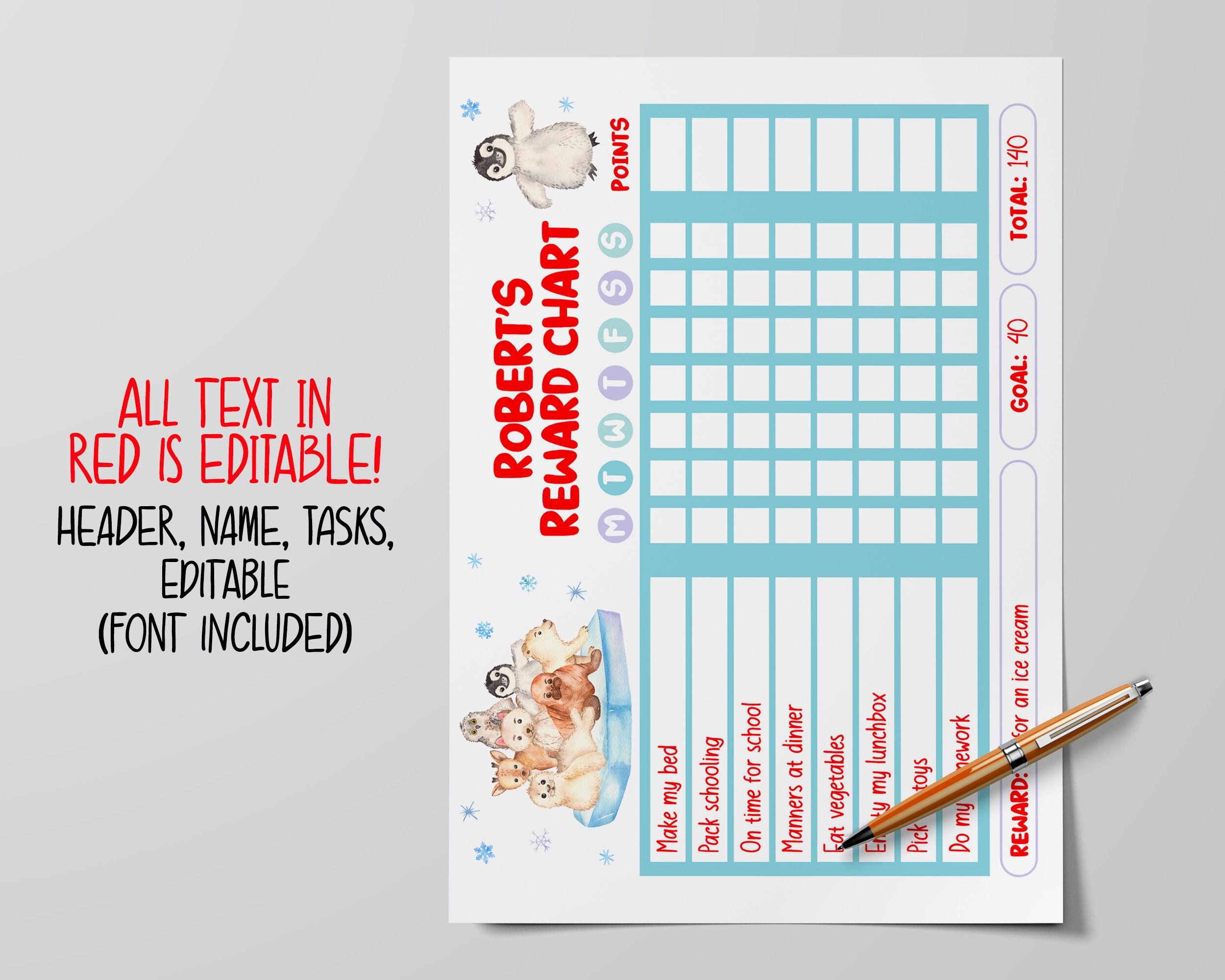 Editable Arctic Animals Reward Chart, Printable Chore Chart for Kids ...