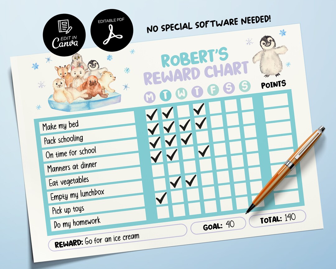 Editable Arctic Animals Reward Chart, Printable Chore Chart for Kids ...