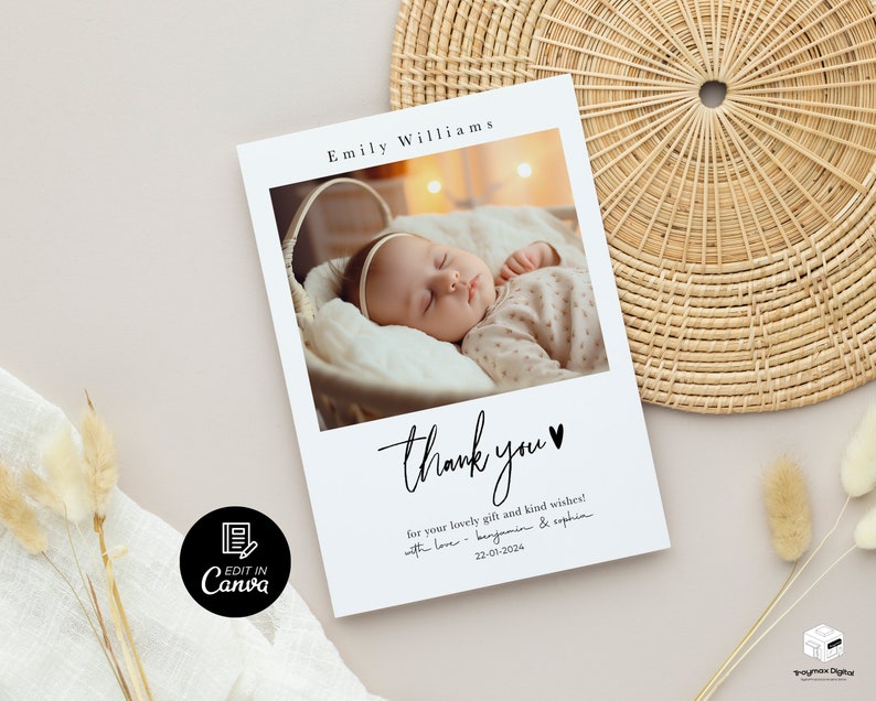 Photo Thank You Card for Newborn Baby With Name, Personalized Birth ...