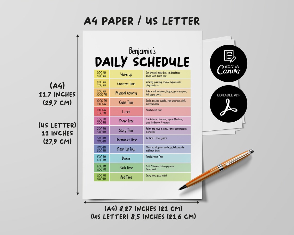 Colorful Daily Schedule Template, Daily Planner for Kids Printable ...