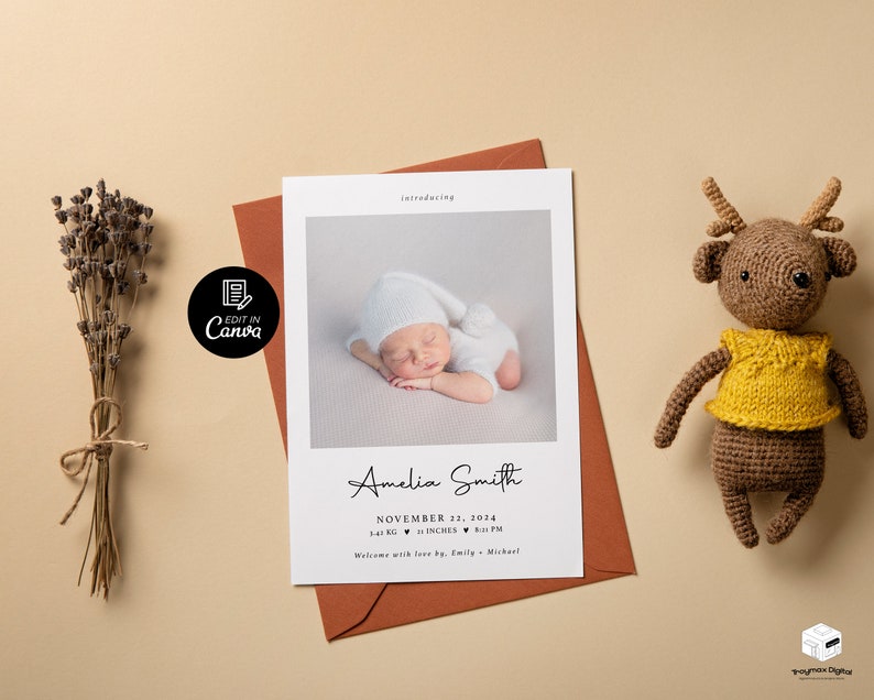 Editable Photo Birth Announcement Template, Printable Birth Stats Card ...