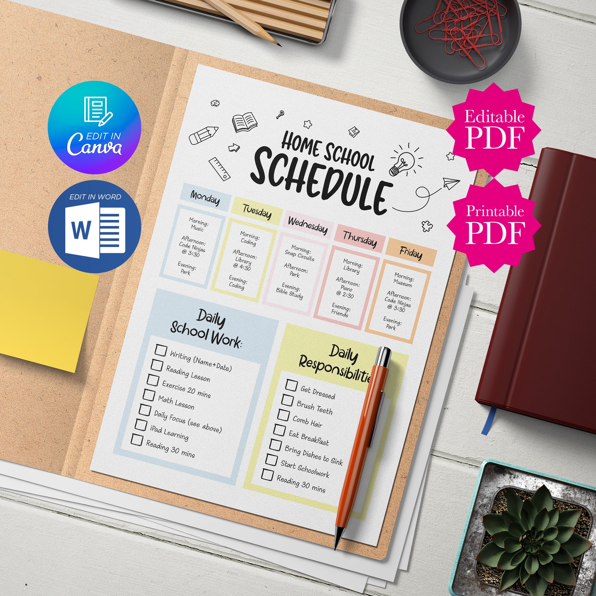 Homeschool Schedule, Chart for Kids Editable, Printable Daily Planner ...