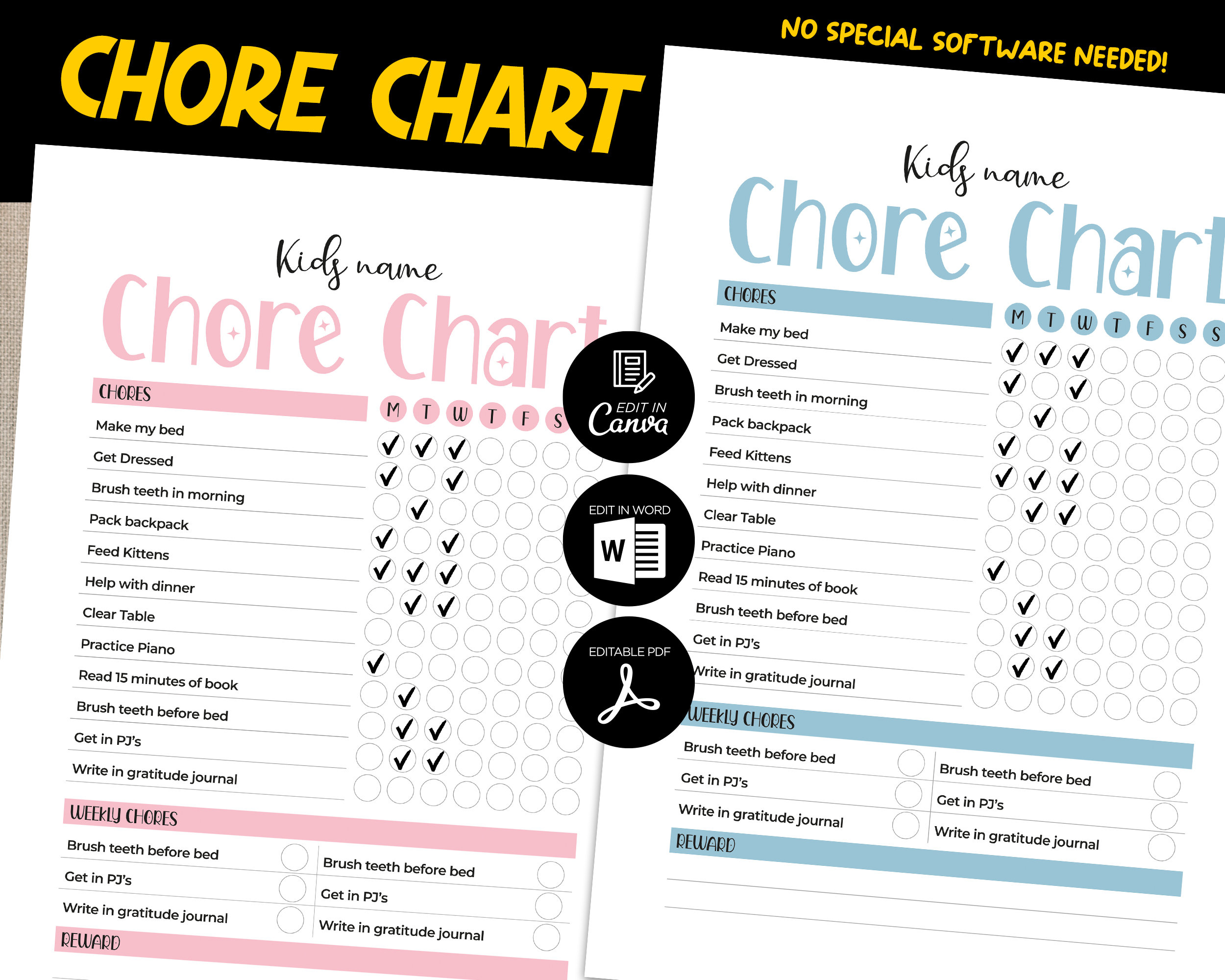 Editable Chore Chart for Multiple Kids, Printable, Digital, Daily ...