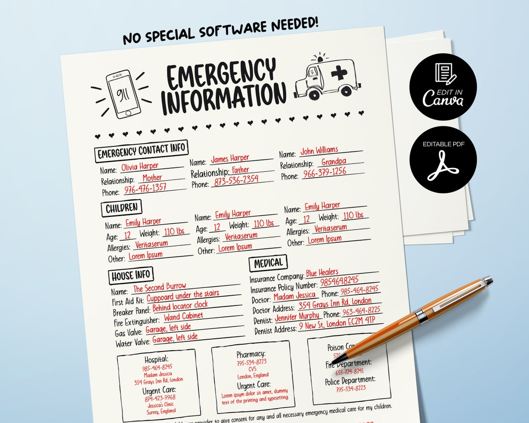 Emergency Contact Information Contact Sheet Babysitter Info - Etsy