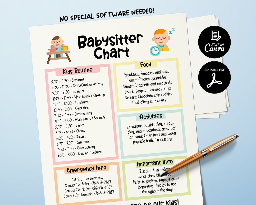 Babysitter Information, Babysitter Planner, Babysitter Guide, Babysitter Info Sheet, Important ...