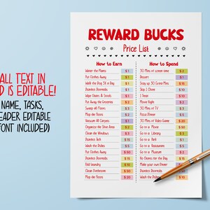Editable Kids Reward Bucks Chart, Editable Kids Reward Bucks Earn Money ...