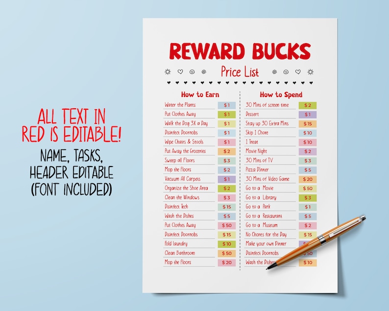 Editable Kids Reward Bucks Chart, Editable Kids Reward Bucks Earn Money ...