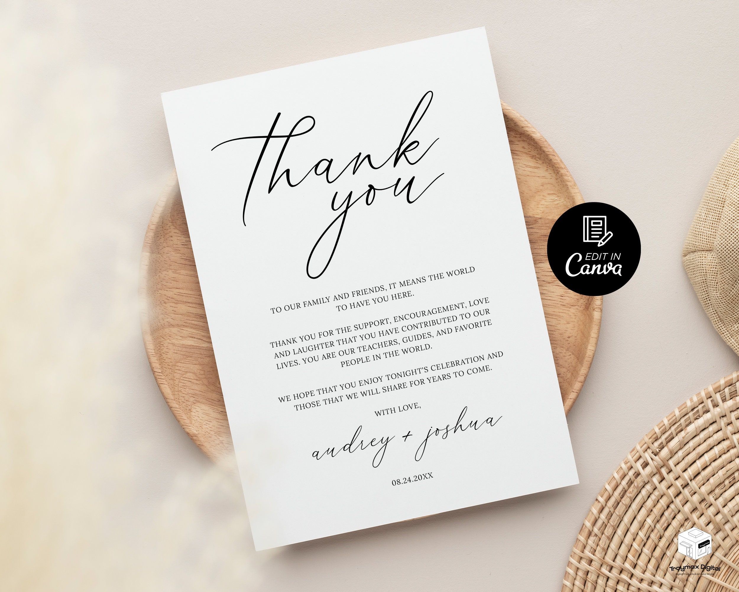 Simple Wedding Thank You Card, Calligraphy Wedding Thank You Card ...