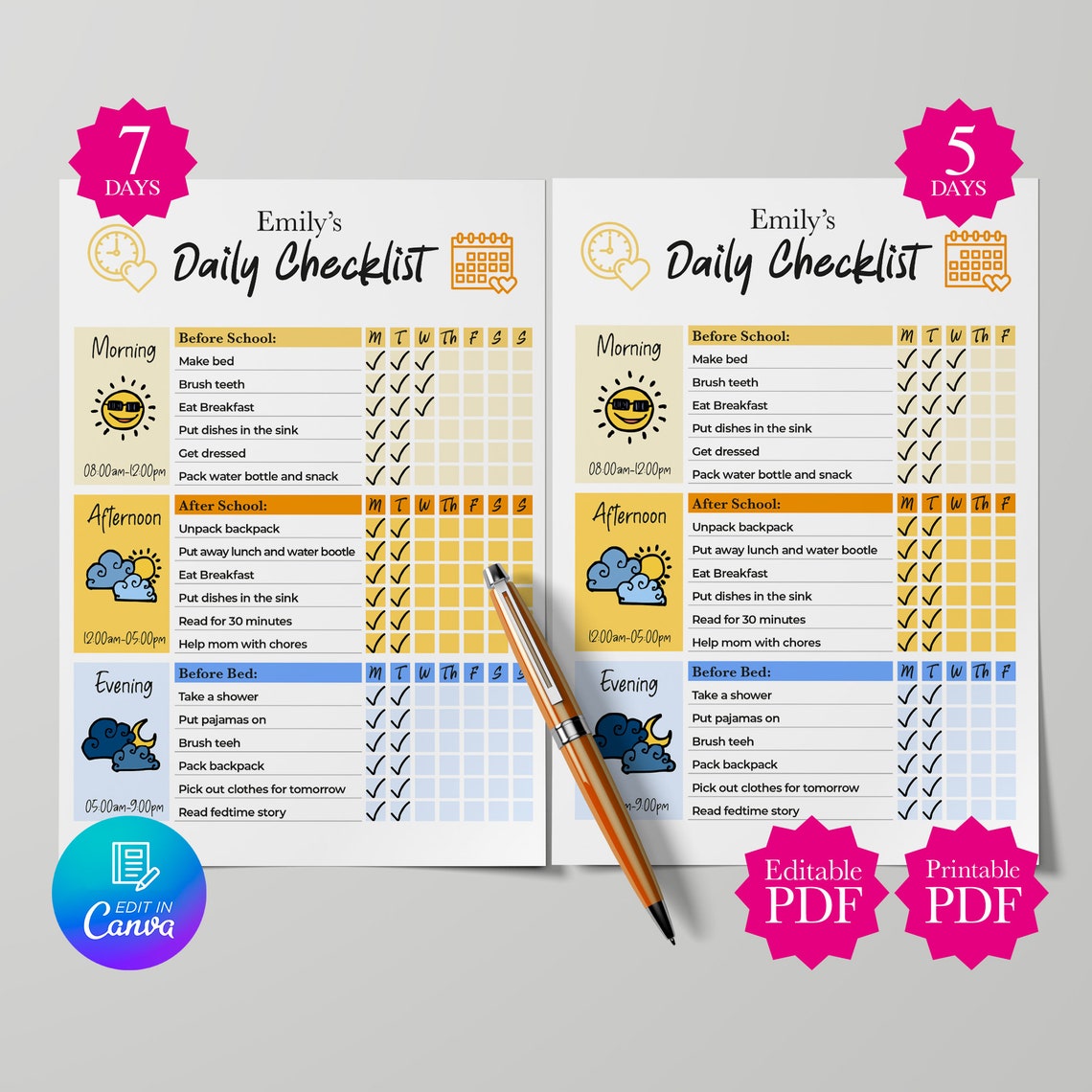 Daily Checklist for Kids, Daily Routine Editable, Weekly Chores ...