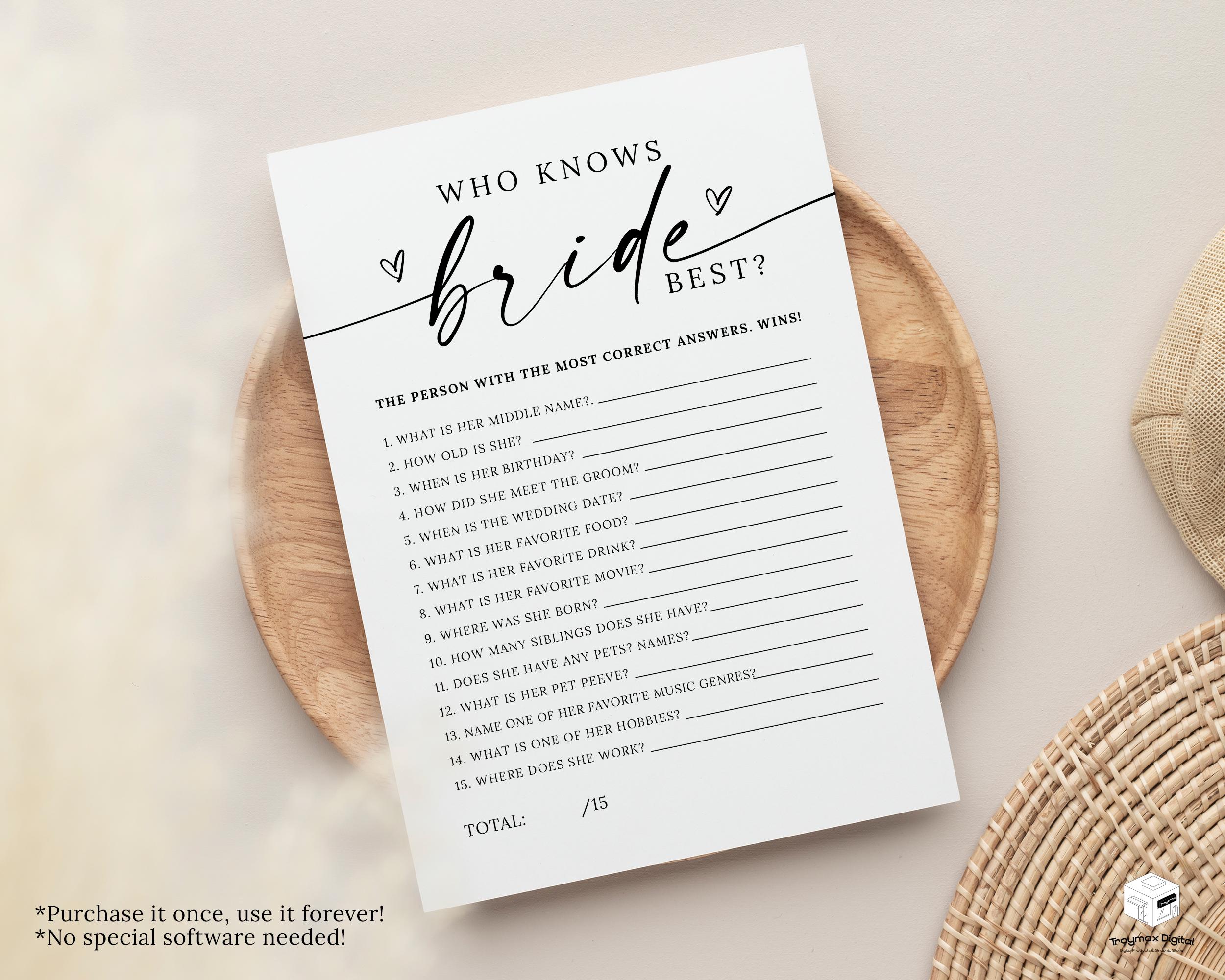 Who Knows the Bride the Best Game, Printable How Well Do You Know the ...