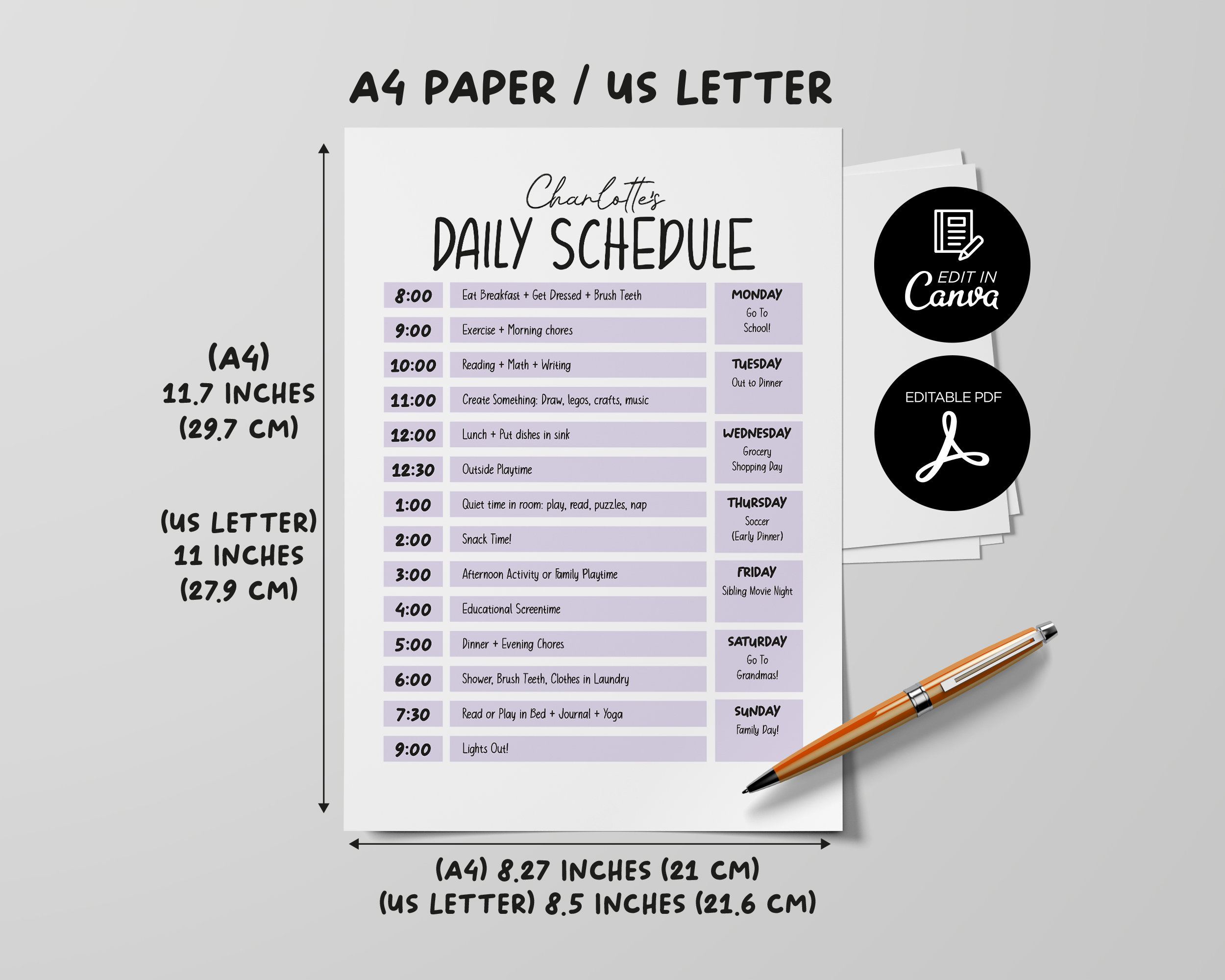 Printable Daily Schedule Template for Kids, Editable Daily Planner ...