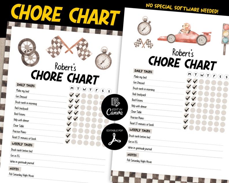 Editable Daily Chore Chart, Cute Racing Car Theme Behavior Chart for ...