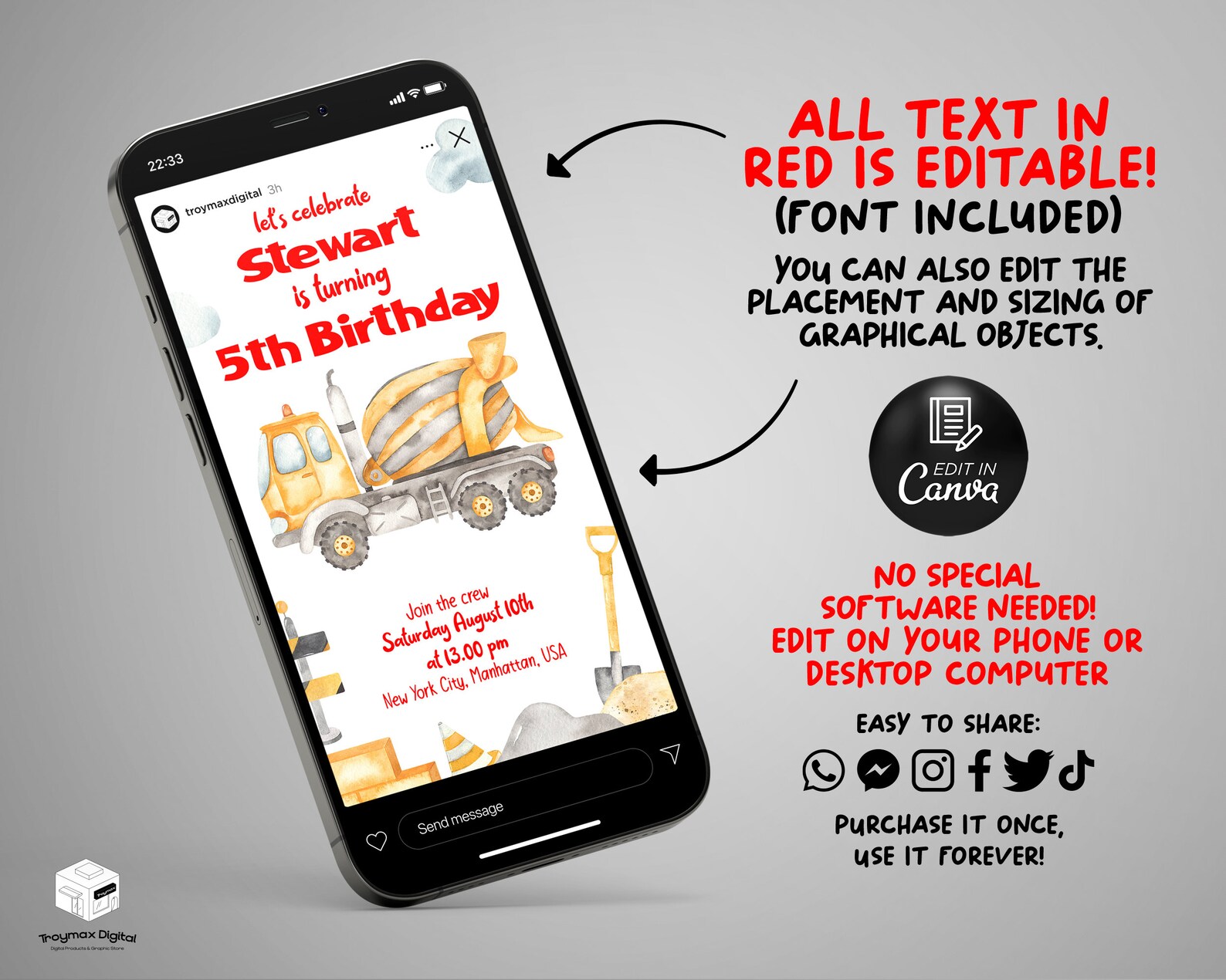 Printable Truck Machines Birthday Invitation for Kids, Editable ...