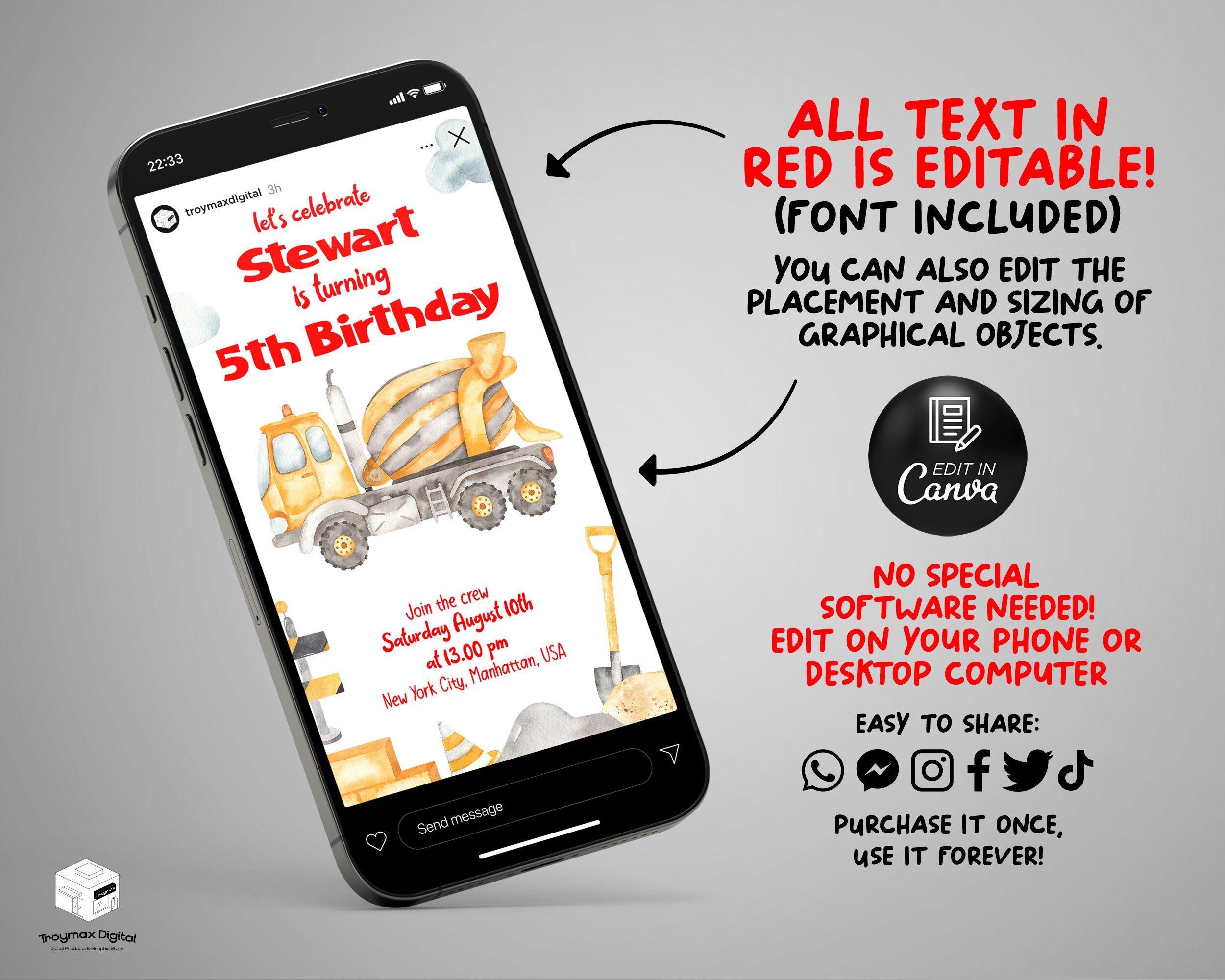 Printable Truck Machines Birthday Invitation for Kids, Editable ...