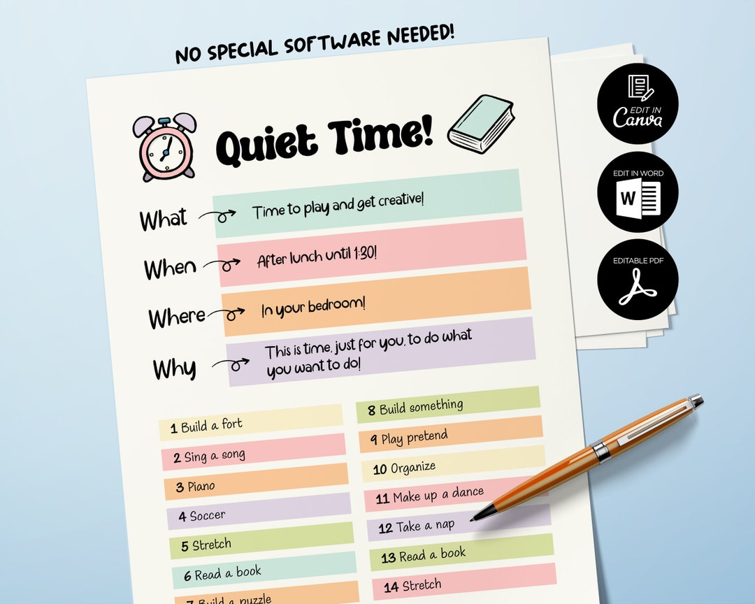 Quiet Time Chart for Kids, Daily Schedule Idea, Editable Daily ...