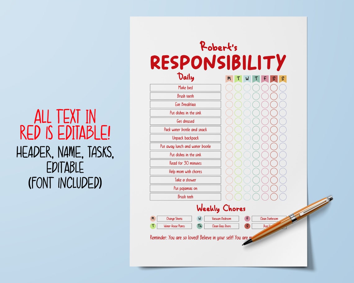 Kids Responsibility Chart Printable, Editable Daily Checklist ...