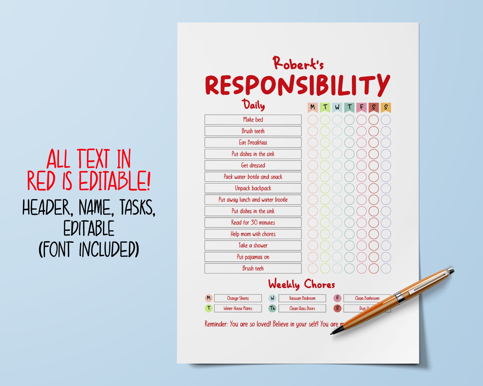 Kids Responsibility Chart Printable, Editable Daily Checklist ...