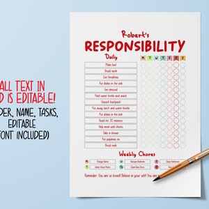 Kids Responsibility Chart Printable, Editable Daily Checklist ...