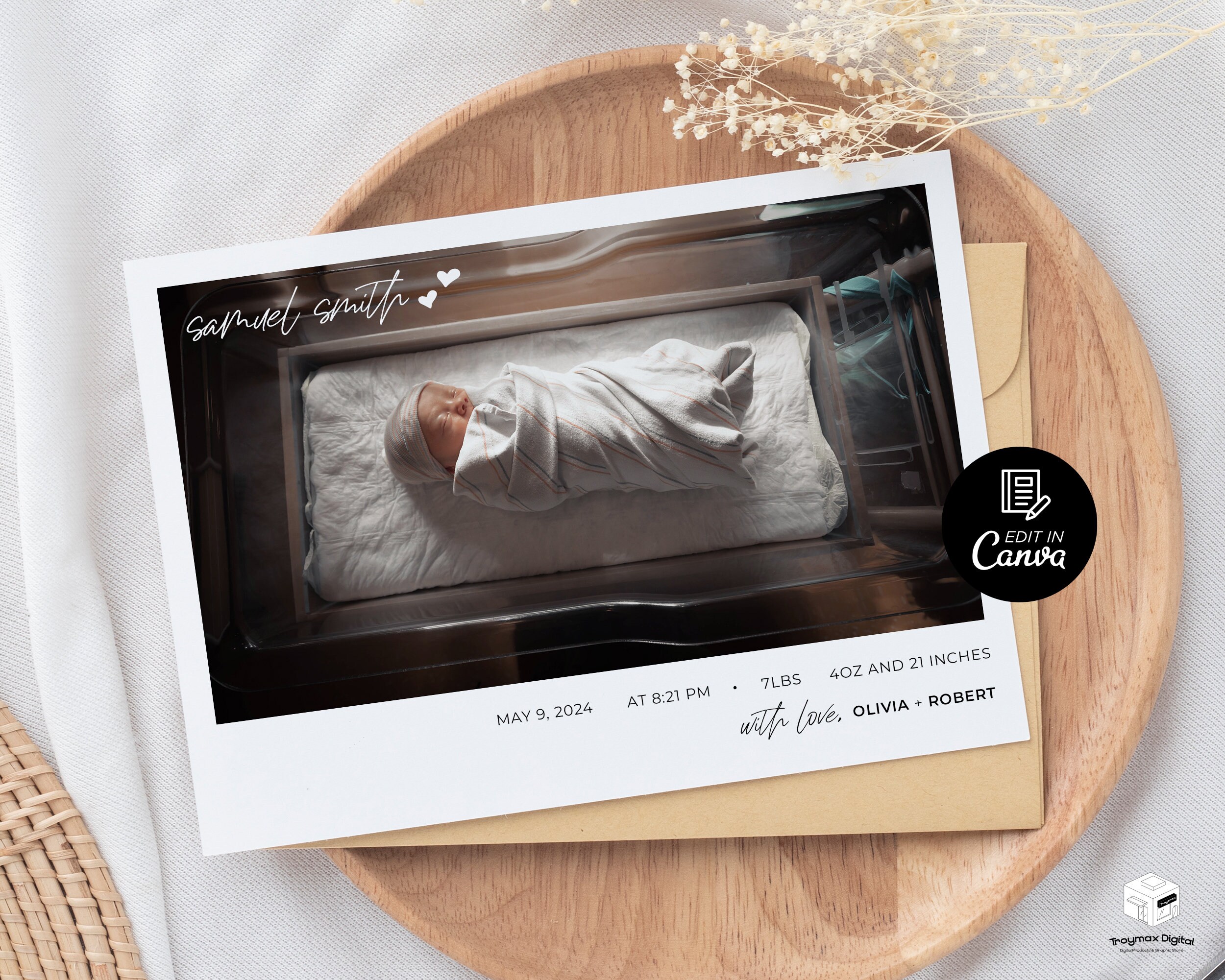 Printable Photo Birth Card, Birth Statistics Card, Birth Announcement ...