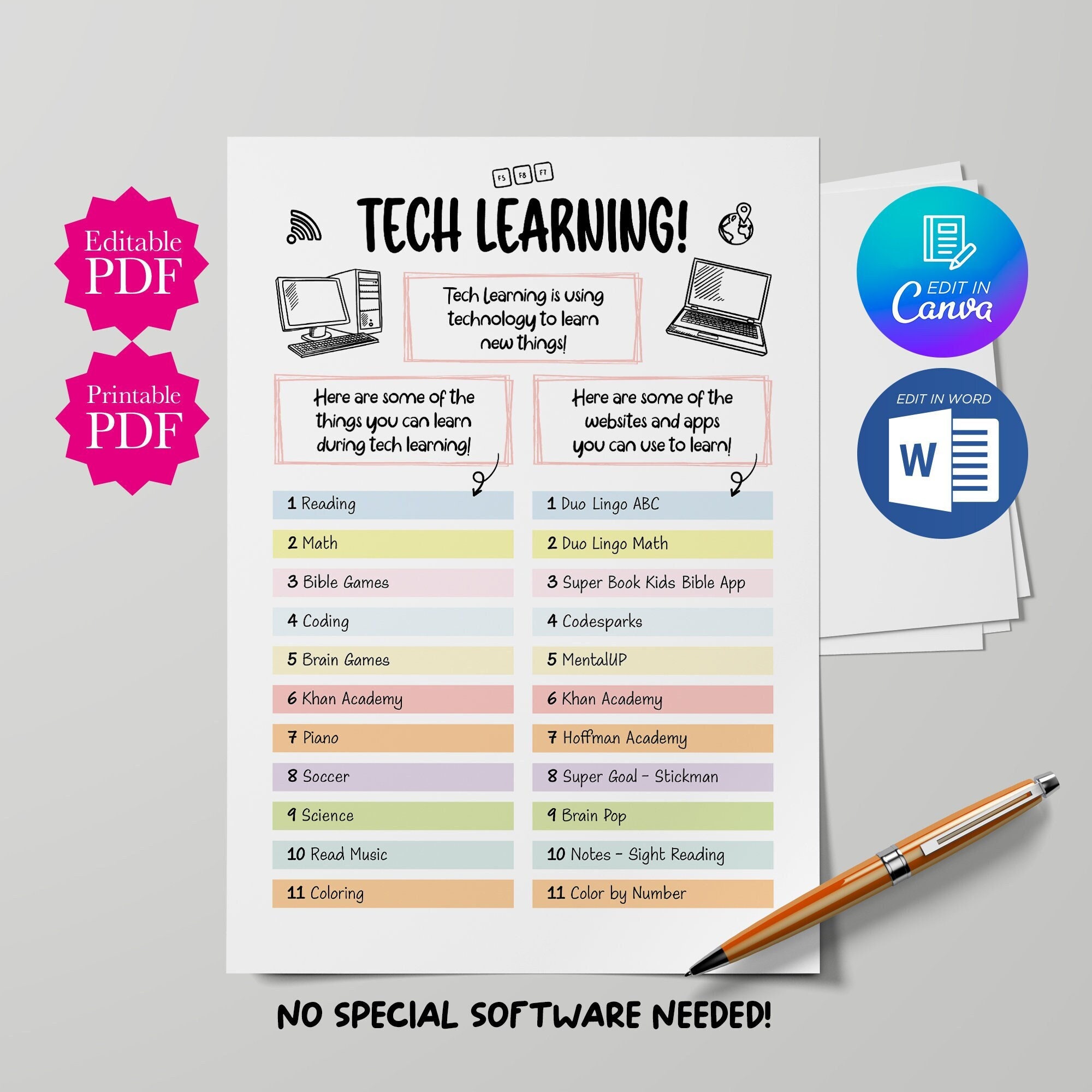 Tech Learning Planner Educational Screen Time Ideas Chart for - Etsy